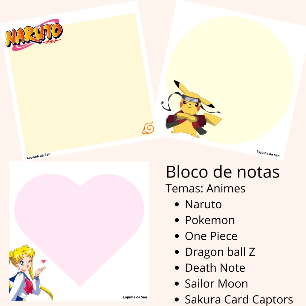 Bloco de notas de Animes , papelaria fofa kwaii, naruto, pokemon, goku ...