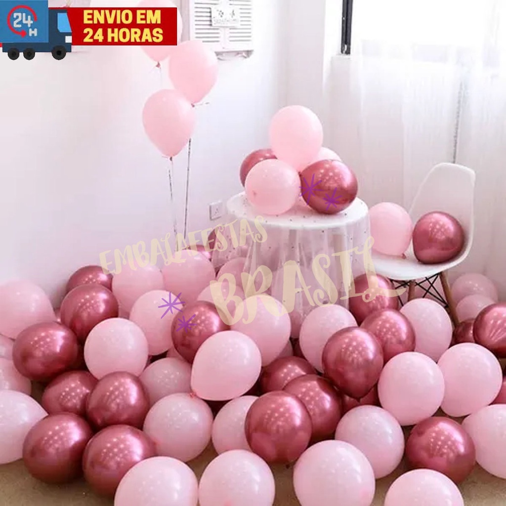 Kit 75 Balões Rosa Latex + Cromados Rosa Para Festas e Aniversários ...