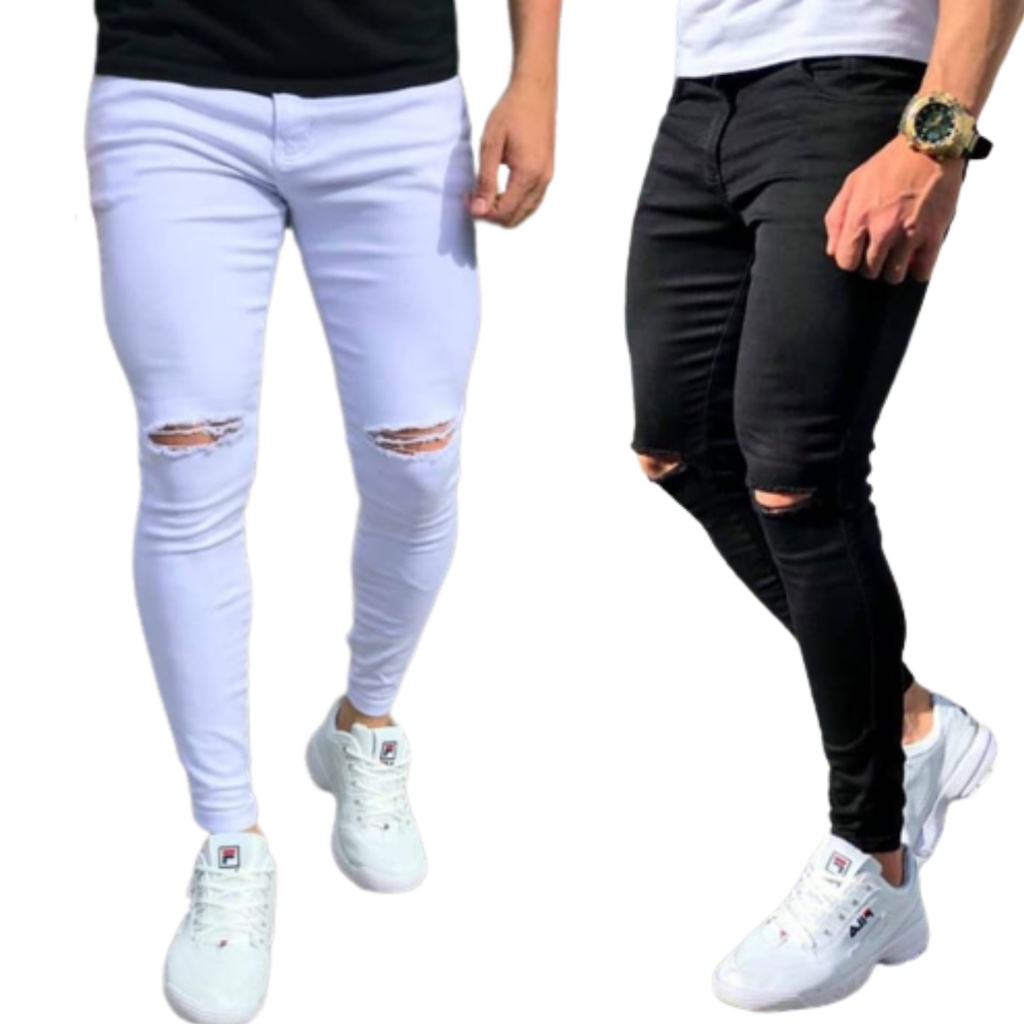CALÇA MASCULINA JEANS RASGADA RASGO DESTROYED NOS JOELHOS SLIM PREMIUM ...