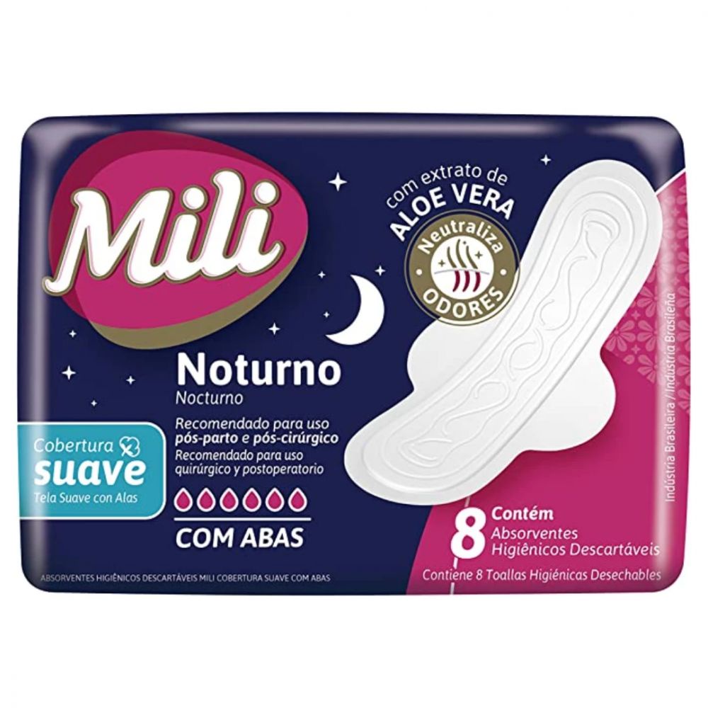 Absorvente Noturno Suave Mili 8 Unidades com Abas | Shopee Brasil