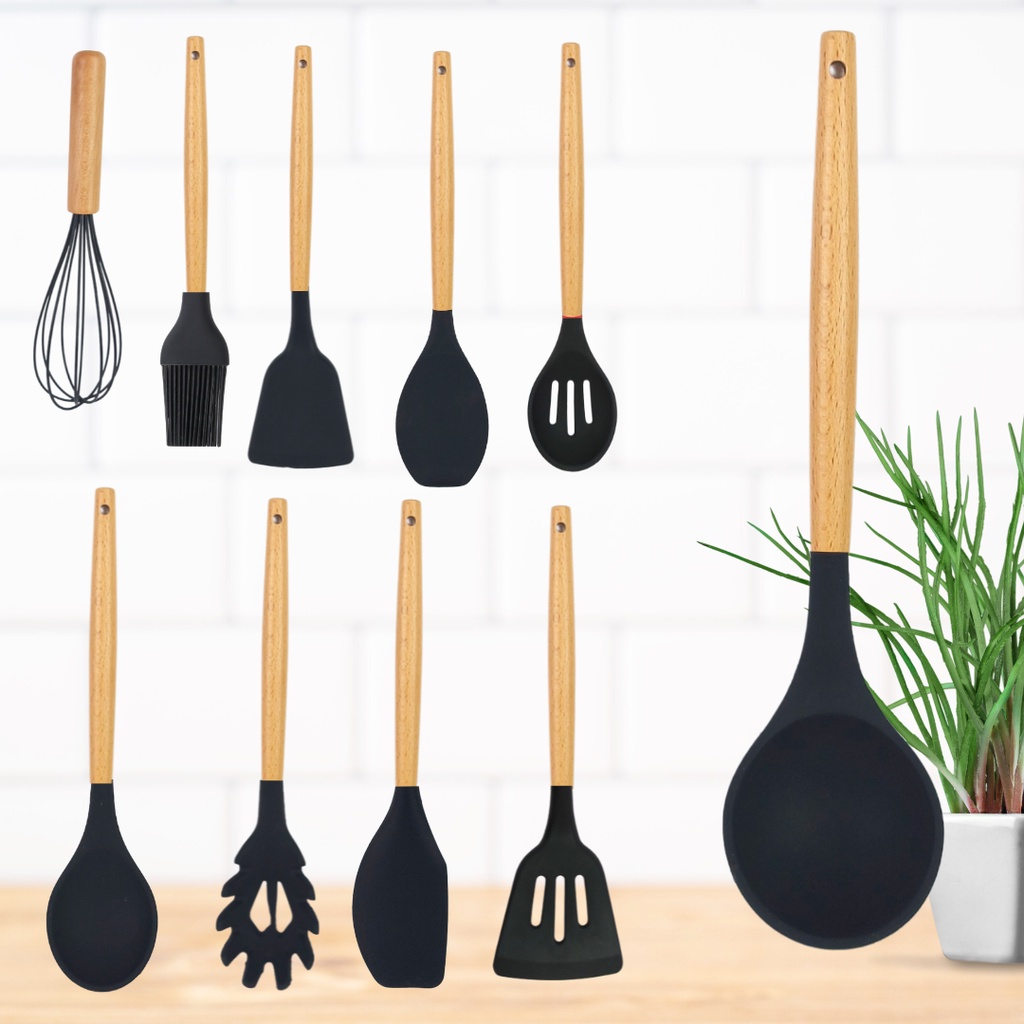 Utensílio Silicone com Cabo de Madeira Concha Colher Pegador Espátula ...