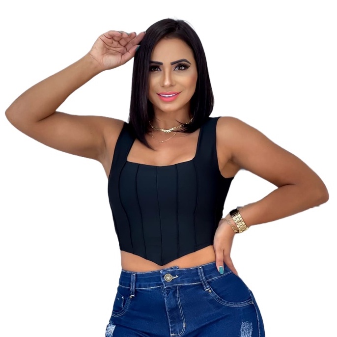 Cropped Corset Bico V com Bojo e Decote Reto | Shopee Brasil