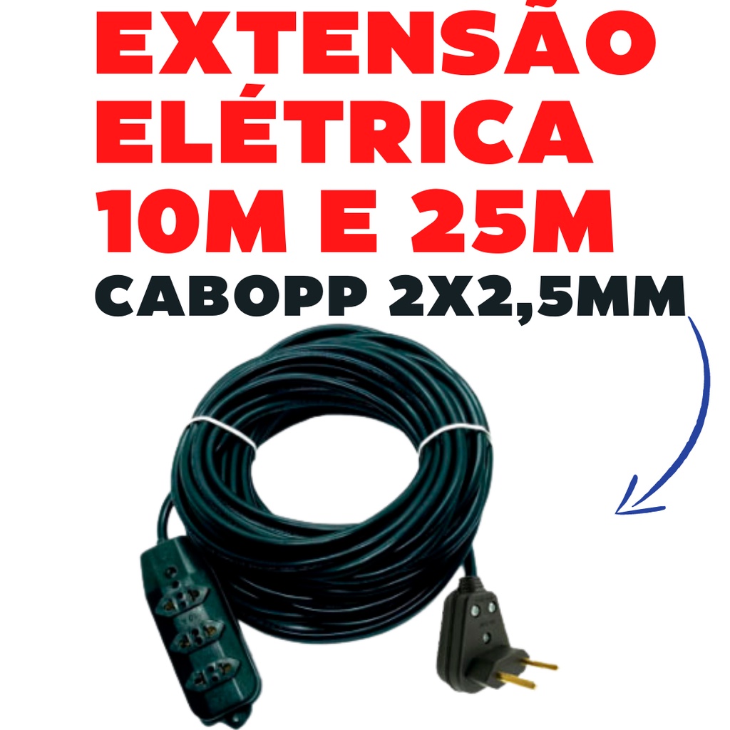 Extensão Elétrica 10 Metros, 15 Metros, 20 Metros e 25 Metros Com Cabo PP 2x2,5mm Padrão Novo ...