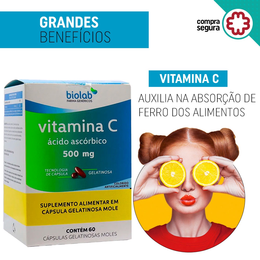 Vitamina C Ácido Ascórbico 500mg - Biolab 60caps Gelatinosa | Shopee Brasil