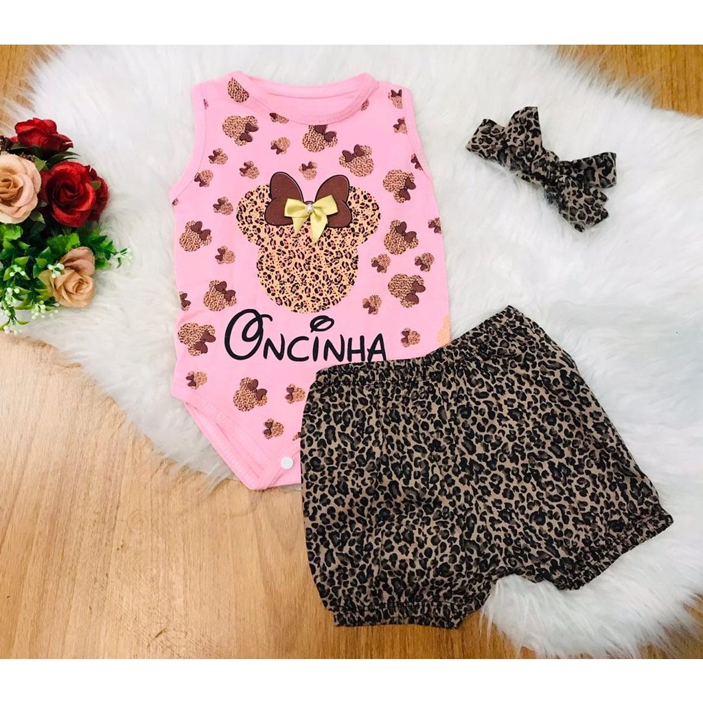 Kit body para bebê com shorts e faixa turbante minnie oncinha | Shopee ...