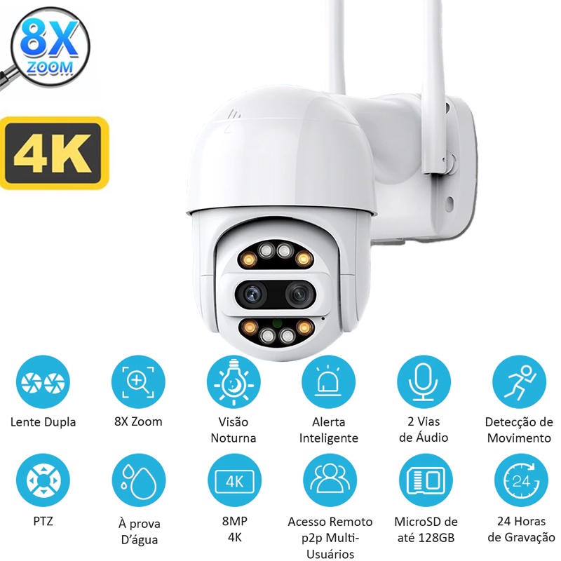 Câmera Externa Wifi 8MP 4k Lente Dupla Zoom Híbrido 8x ICSEE | Shopee ...