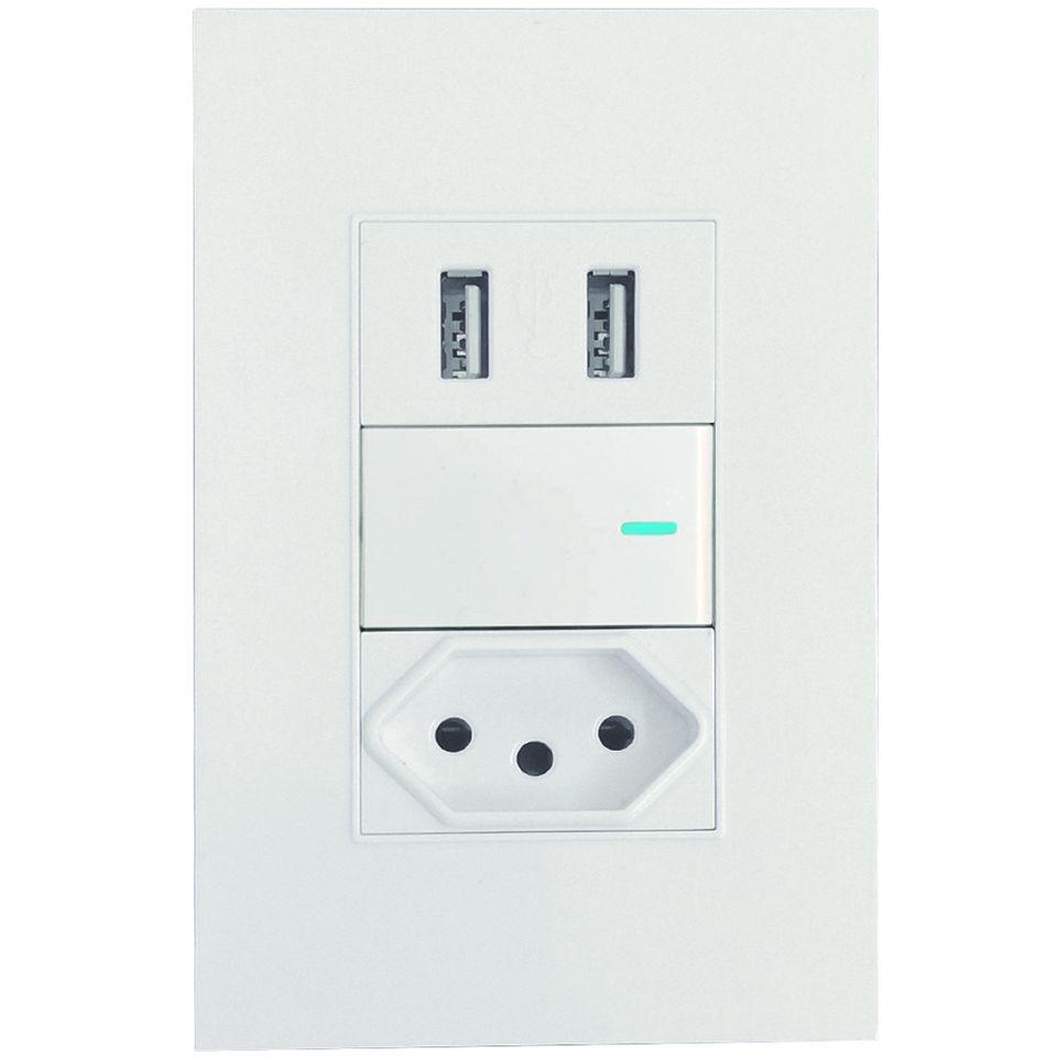 Tomada USB Parede Com 1 Tomada Energia 10A e Duo 2 Usb De Parede Bivolt ...