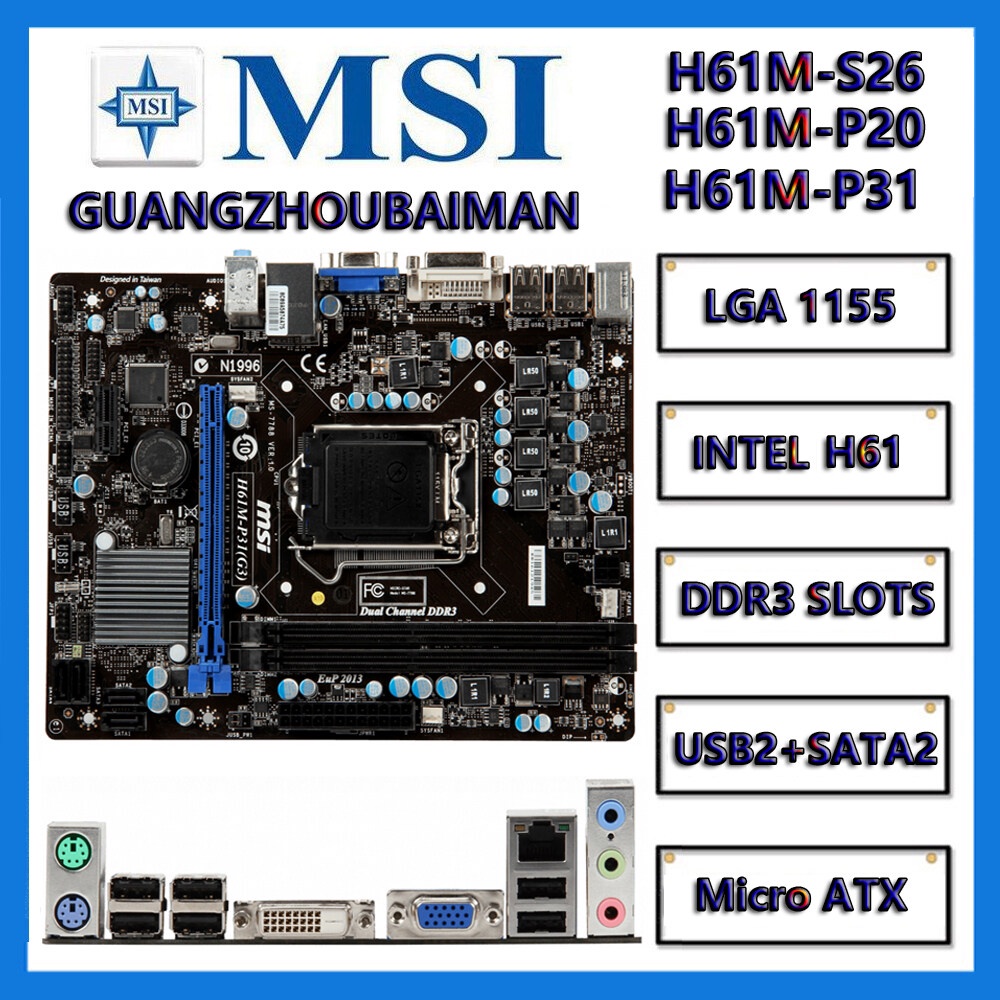 Usado MSI [H61M-P20 (G3)]/W8 P31 Para Placa Mãe Intel LGA 1155 H61 DDR3 16GB Micro-ATX | Shopee ...