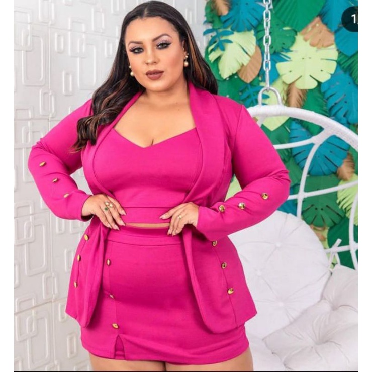 Conjunto três pesas Max blazer croped short-saia/Conjunto plus size ...