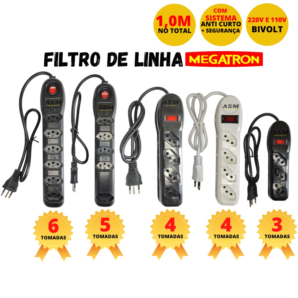 Filtro de Linha 3, 4, 5 e 6 Tomadas Bivolt 10A/250V - Megatron Régua elétrica | Shopee Brasil