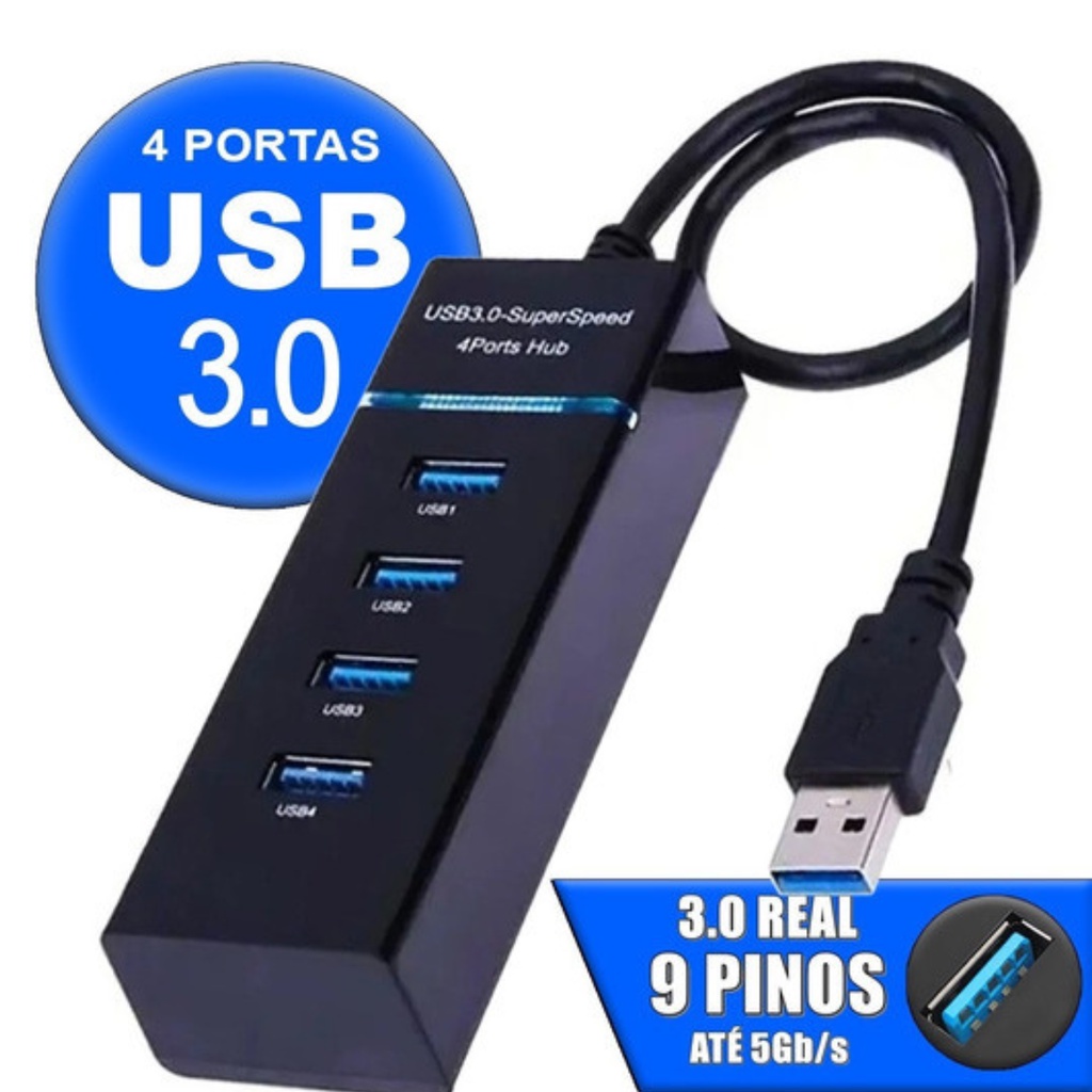Hub Usb 3.0 4 Portas 5 Gbps Para HD Externo Pen Drive Teclado Mouse sem ...