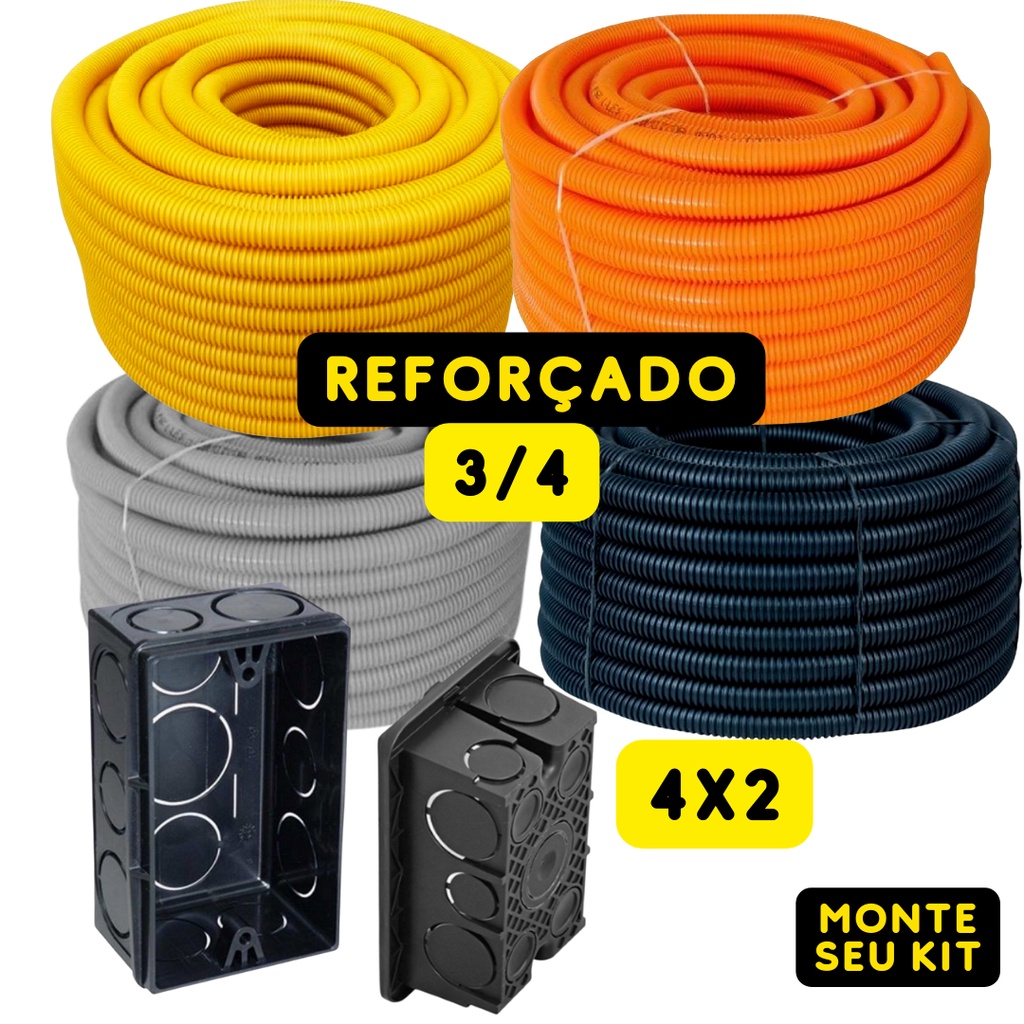 Kit Conduíte Eletroduto Corrugado Reforçado 3/4 25m + Caixinhas de Luz ...