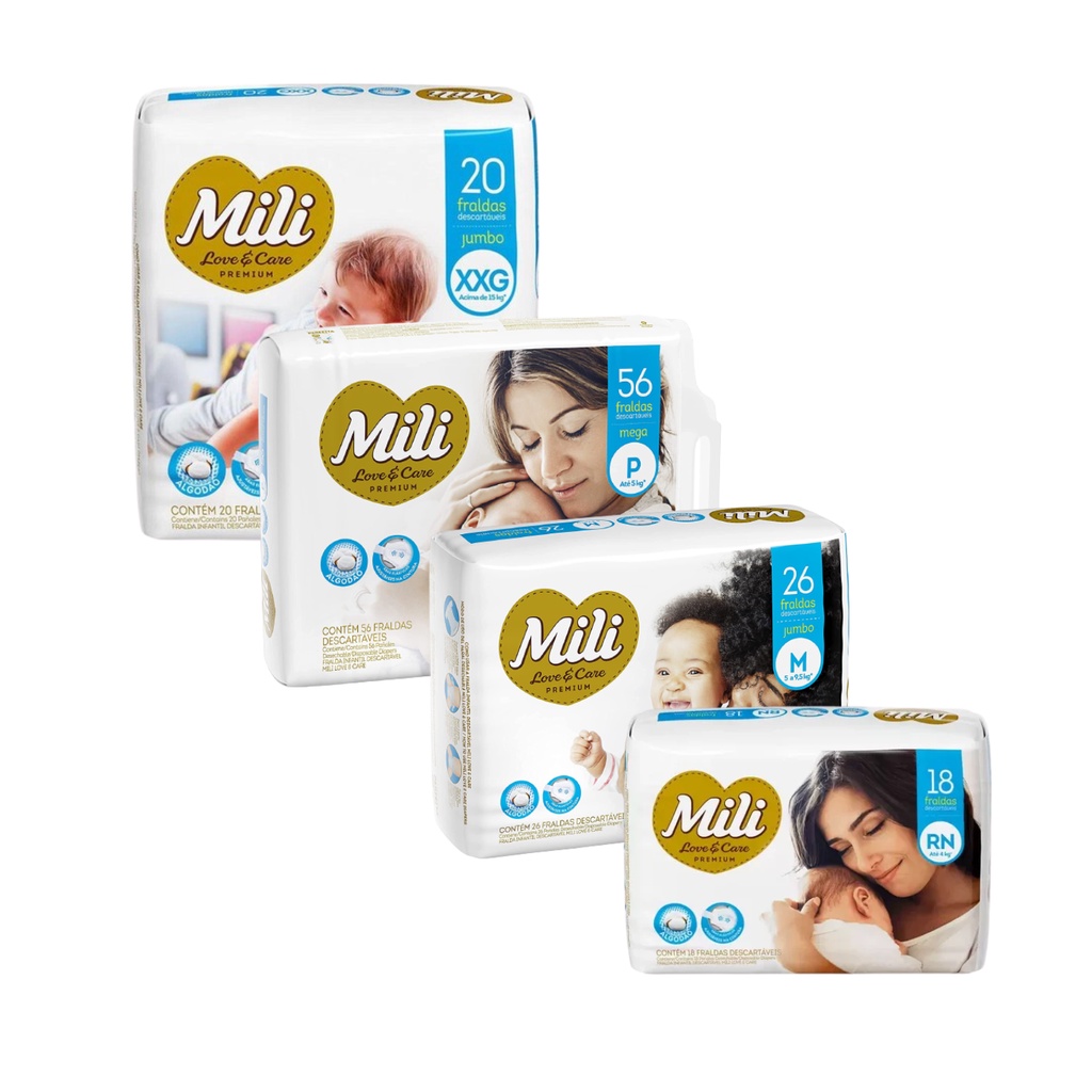 04 Pacotes de fraldas Mili Love e Care Premium Pacote Jumbo Tamanhos ...