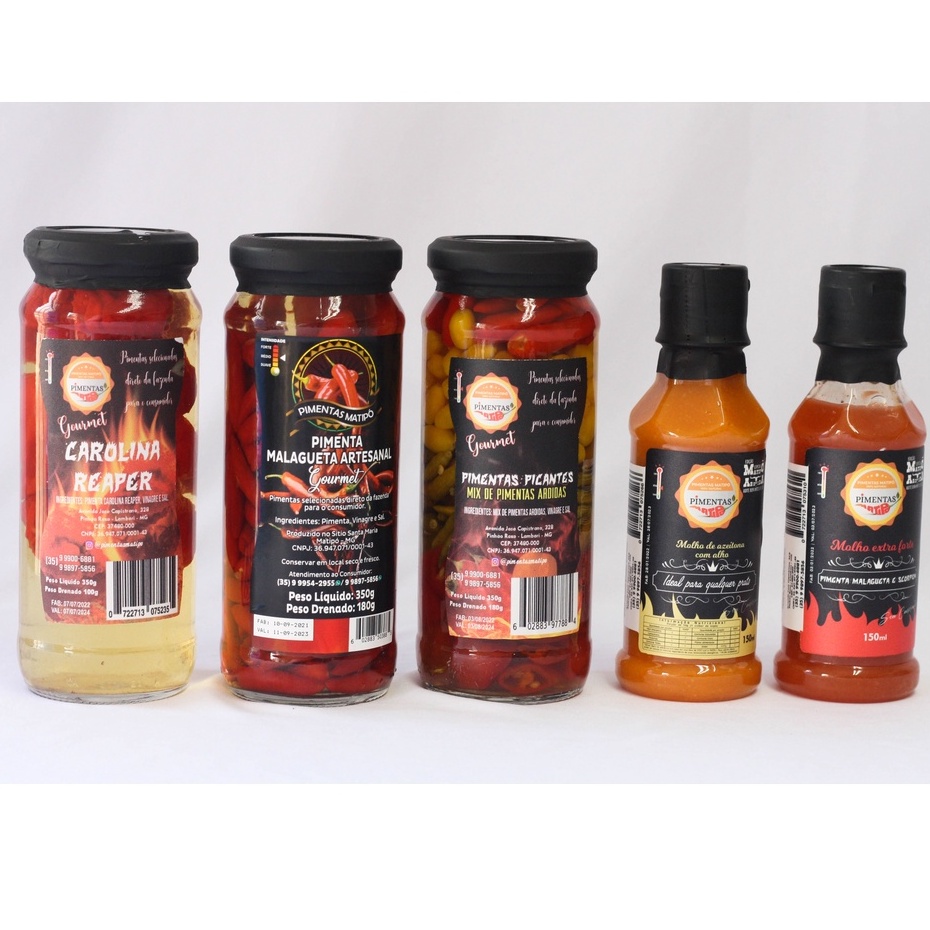 Kit 5 unidades, 3 frascos de pimentas em conserva de 350g e 2 molhos de ...