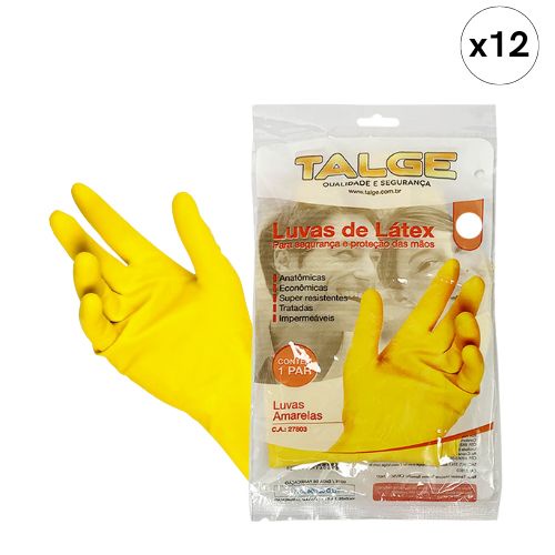 Kit com 12 Luvas de Látex Amarela Limpeza Multiuso Talge Tam G | Shopee ...