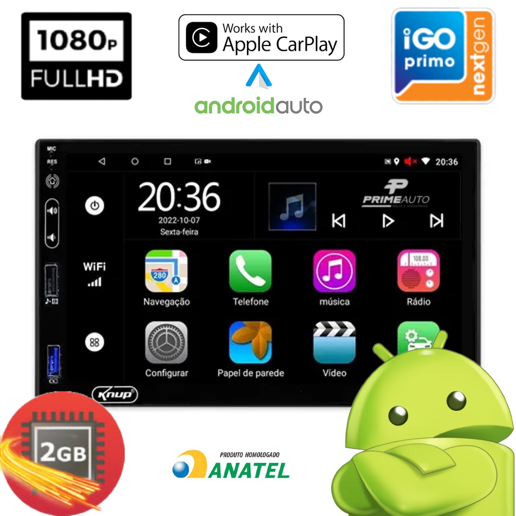 Central Multimídia Android 2 Din 7 Poleg 2GB RAM 32GB Memória CarPlay Knup KP-RA909 | Shopee Brasil