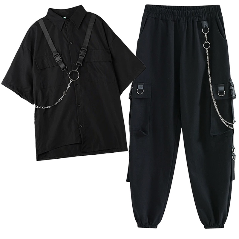 Calças De Rua Masculina Hip Hop Roupas Cargo Militar Preta Bolso Com