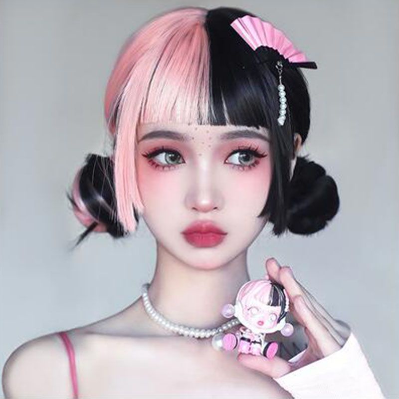 Peruca Punk Gótica Feminina Cabelo Longo Liso Preto Rosa Franjas De Ar ...