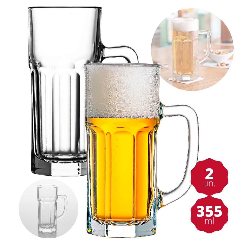 Conjunto 2 Canecas Vidro Grosso Resistente 350ml Copo de Chopp Cerveja Drink Kit para Bebidas ...