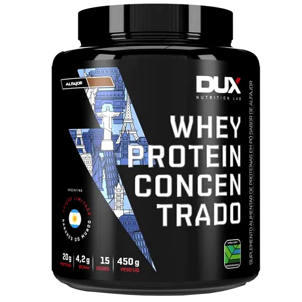 Whey Protein Concentrado 100% Proteína Sabores do Mundo Alfajor 450g - Dux Nutrition | Shopee Brasil