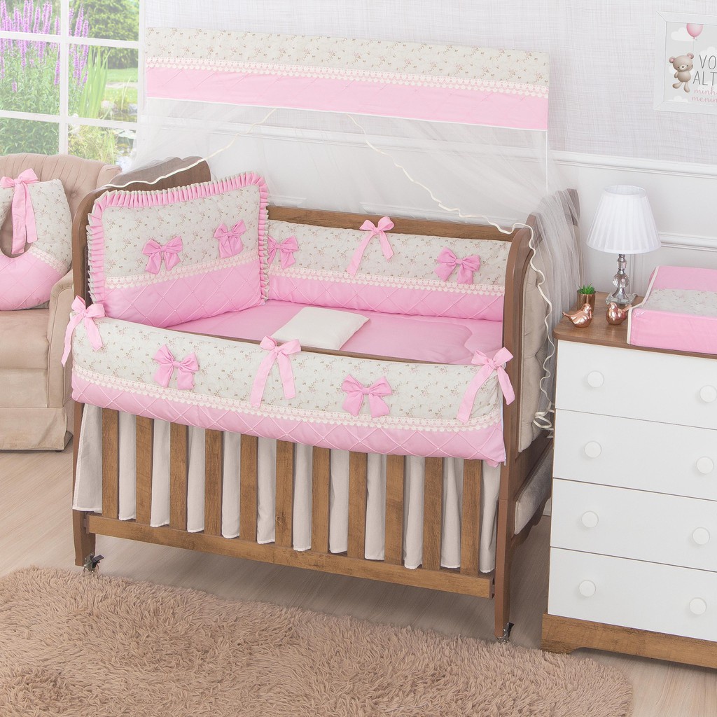 Kit Berço Floral Rosa com pérolas para berço padrão americano 100% ...