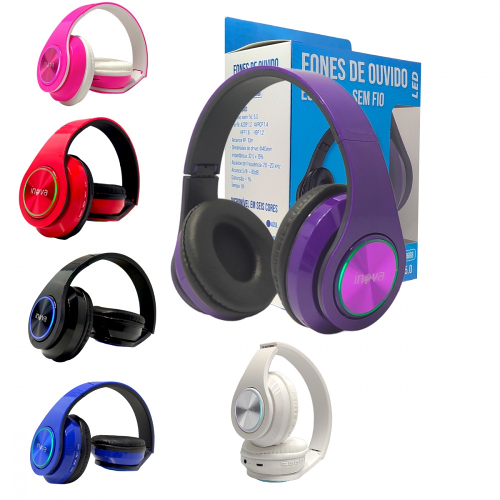 Fone sem fio Inova 8688 Bluetooth com Led lateral que muda de cor ...