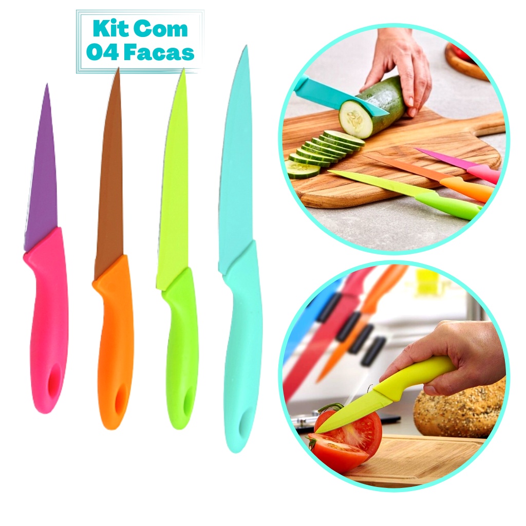Jogo de Facas Inox Coloridas Kit Com 4 Facas Conjunto Para Cozinha ...