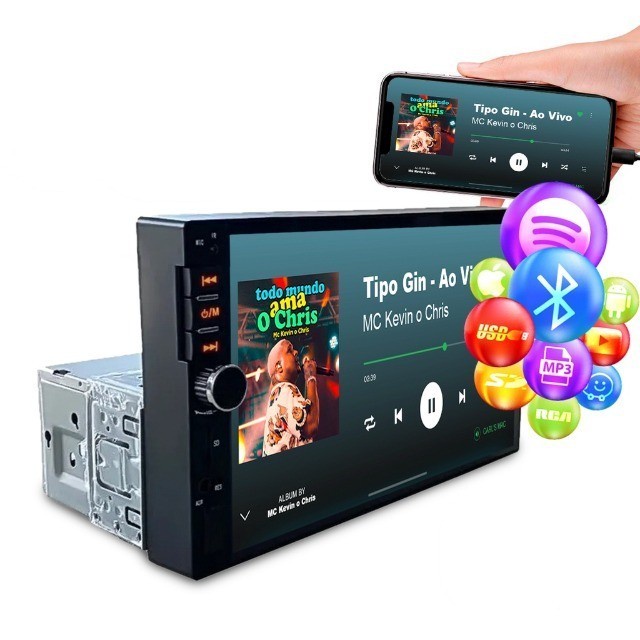 Central Multimidia Mp5 Touch Espelhamento Android IOS Bluetooth 1 Din / 2 Din 7 Polegadas ...