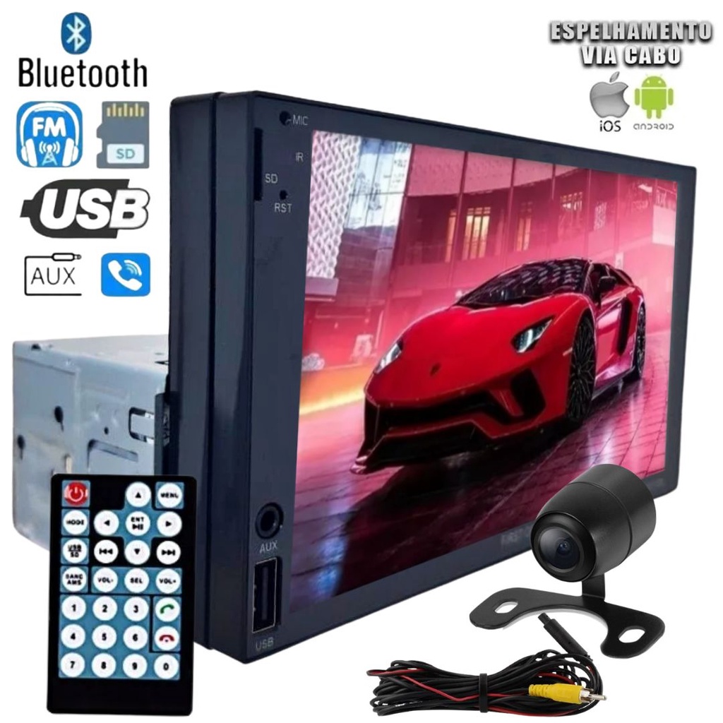 Central Multimídia Mp5 Tela 7 Polegadas 1 Din Usb Espelhamento Android ios Touch Camera de Ré ...