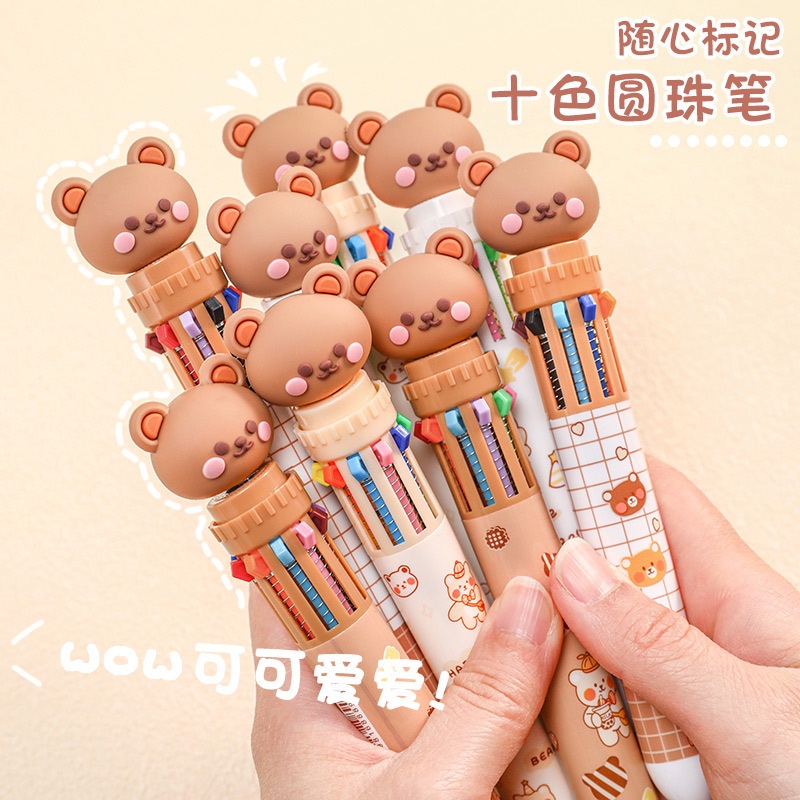 10 Color Cute Cartoon Bear Press Ball Point Pen Material Escolar De ...
