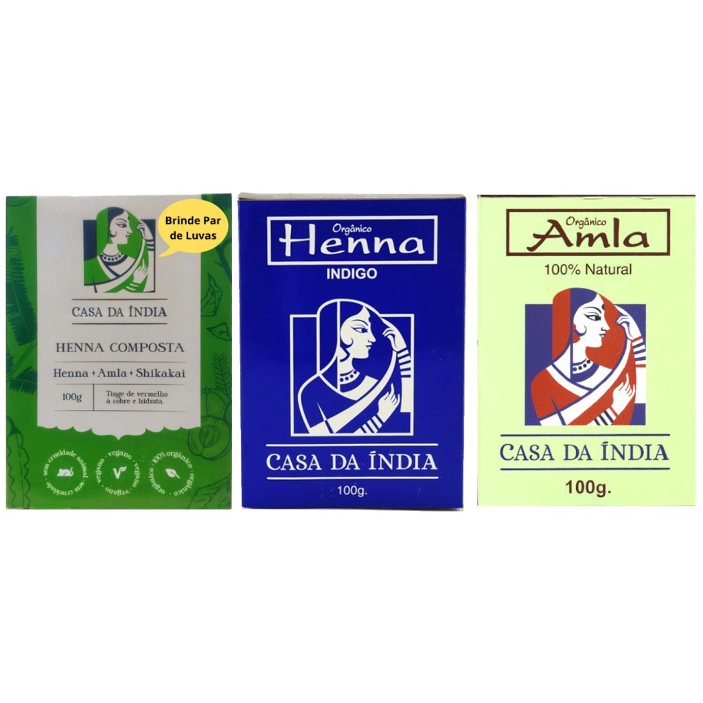 Kit 3 Henna Indiana para os Cabelos, Composta + Índigo + Amla Coloração ...