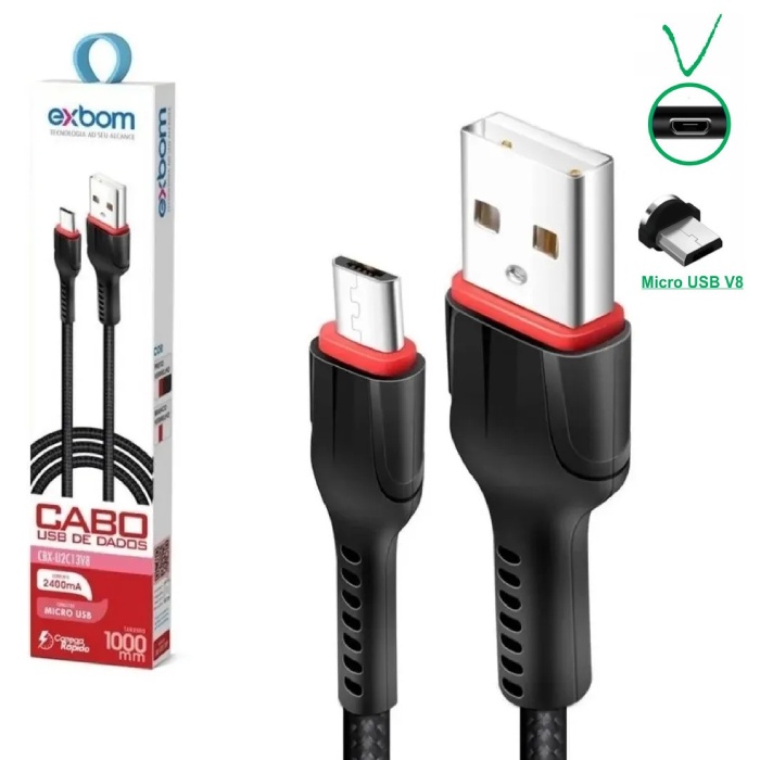 Cabo V8 Micro Usb 2.4A Turbo 1 Metro de Dados e Carregamento Exbom ...