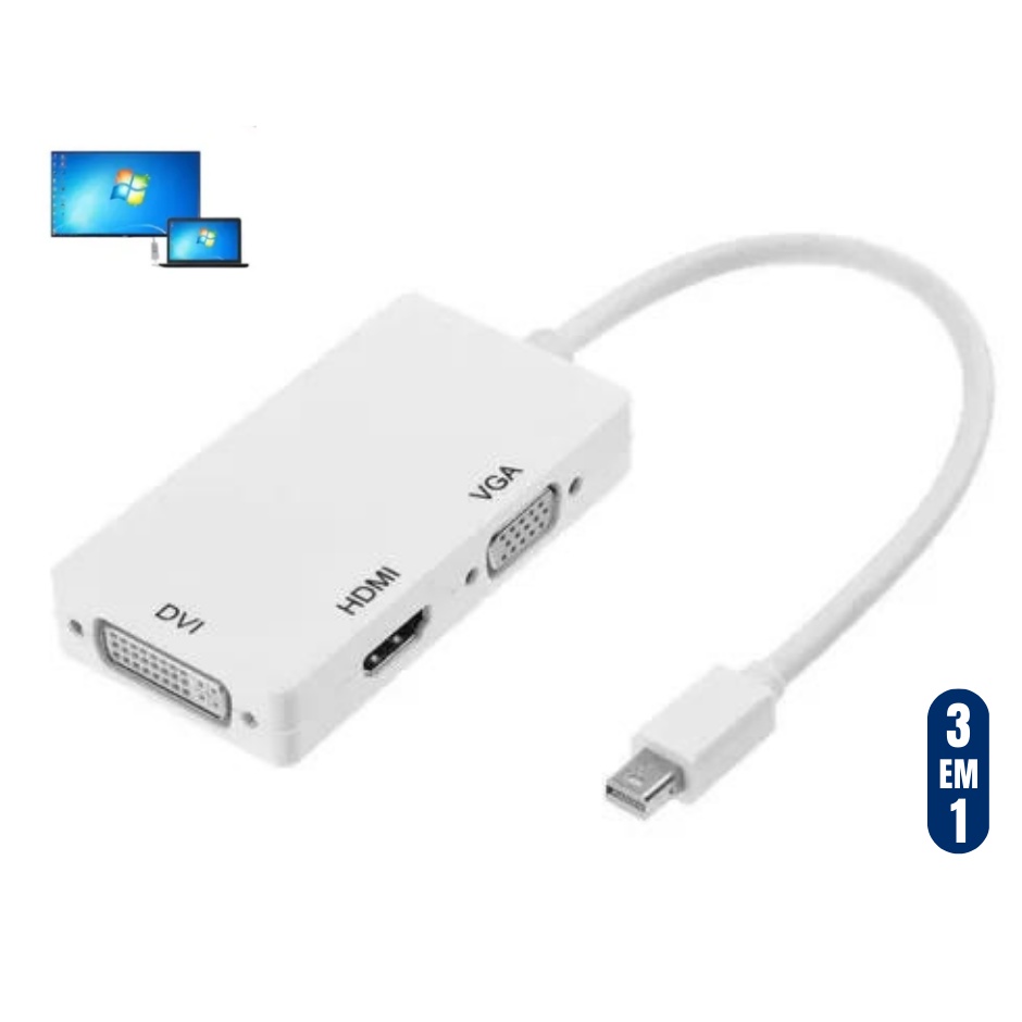 Cabo Adaptador Conversor Mini Display Port / Thunderbolt P/ Hdmi Vga Dvi 3 em 1 | Shopee Brasil