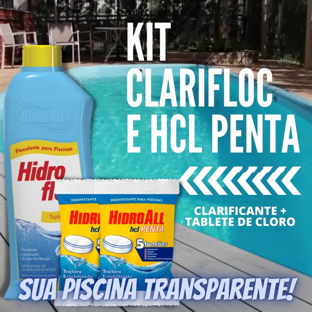 CLARIFICANTE HIDROFLOC + 02 TABLETES DE CLORO PENTA HCL KIT | Shopee Brasil
