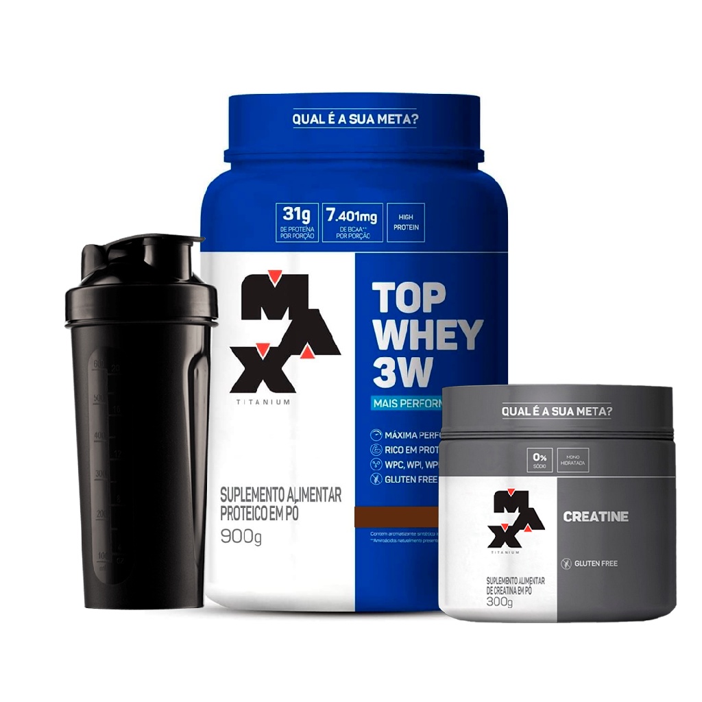Kit Combo Top Whey 3w + Creatina 300g + Coqueteleira - Max Titanium ...
