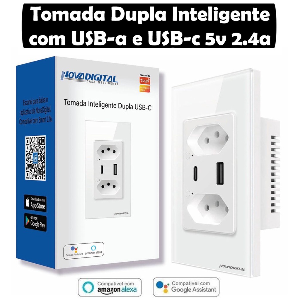 Tomada Inteligente Dupla com 2 Tomadas e 2 USB Tuya Nova Digital ...