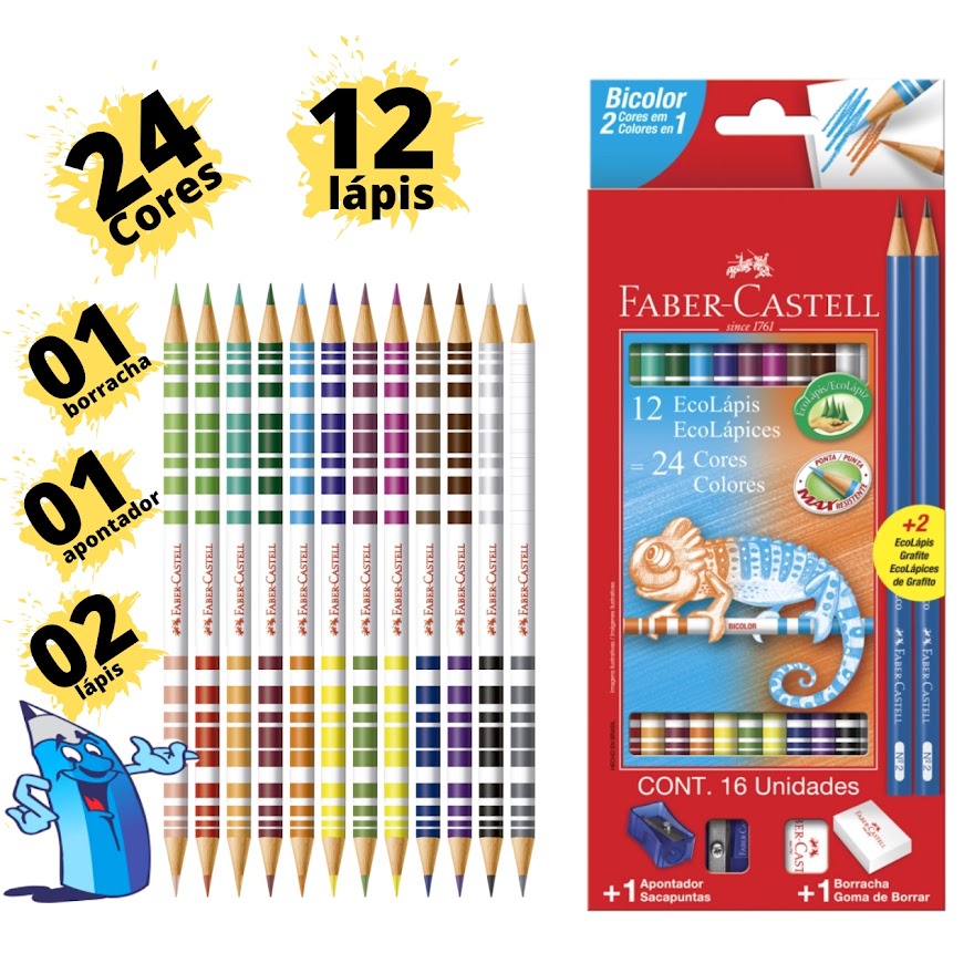 LAPIS DE COR FABER CASTELL 12 LÁPIS 24 CORES KIT ESCOLAR BICOLOR ...