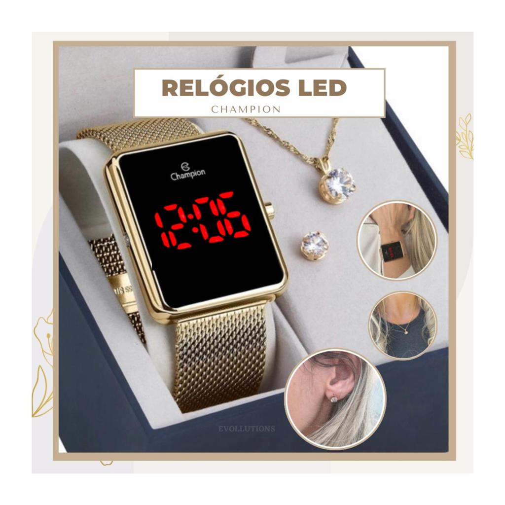 Relogio Digital LED Champion Dourado Feminino Original com Kit Semi ...