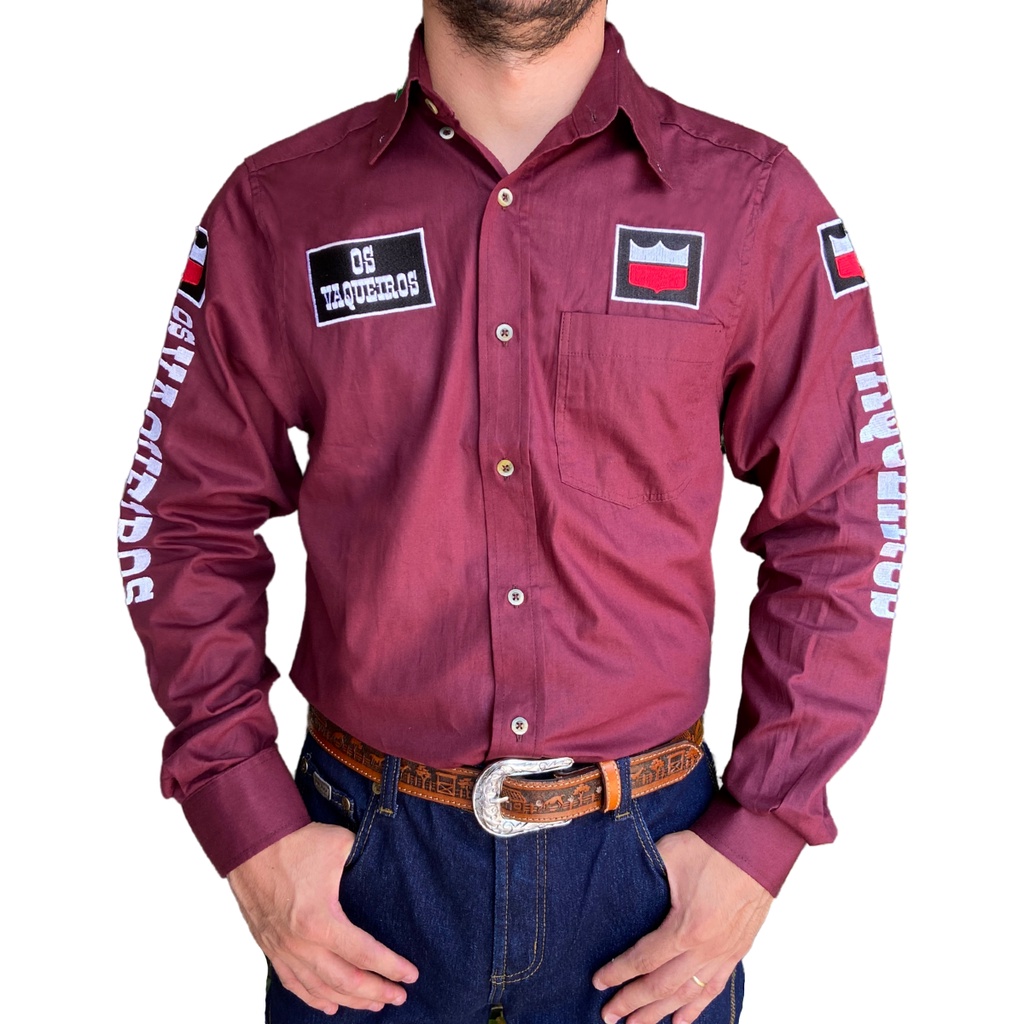 Camisa Vaqueiro Com Bordados Country Manga Longa Rodeio Promoção Bordô ...