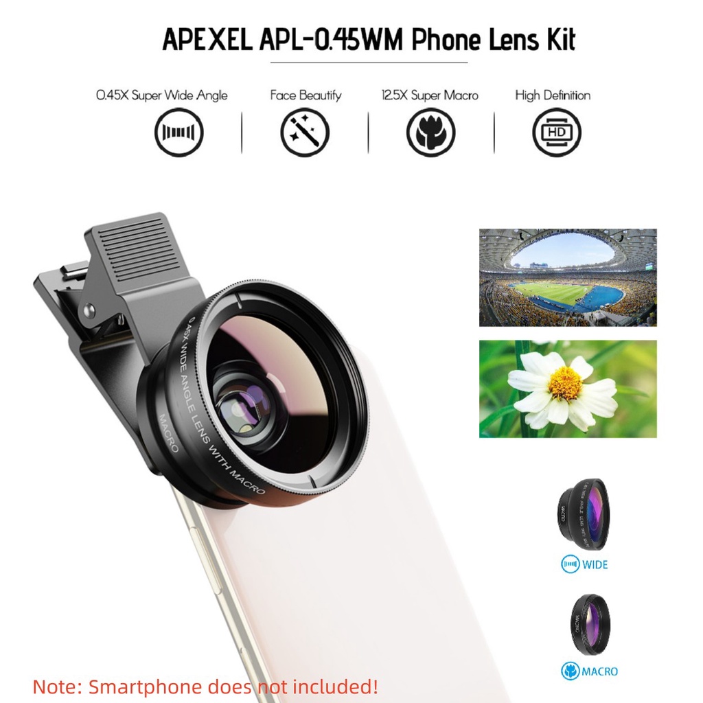 APEXEL Lente De Câmera De Celular 0,45x Super Grande Angular 12,5x Macro HD com Clipe Universal ...