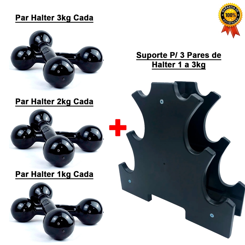 Kit Treino - Halter 1 a 3kg + Suporte P/ 3 Halteres Academia Funcional ...