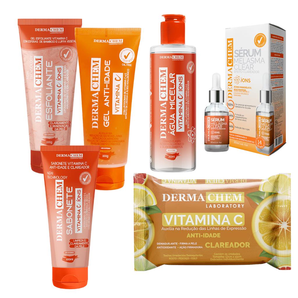 Cuidados Da Pele Vitamina C - Kit Dermachem 6 itens - Agua Micelar + Gel + Sabonete + Esfoliante ...