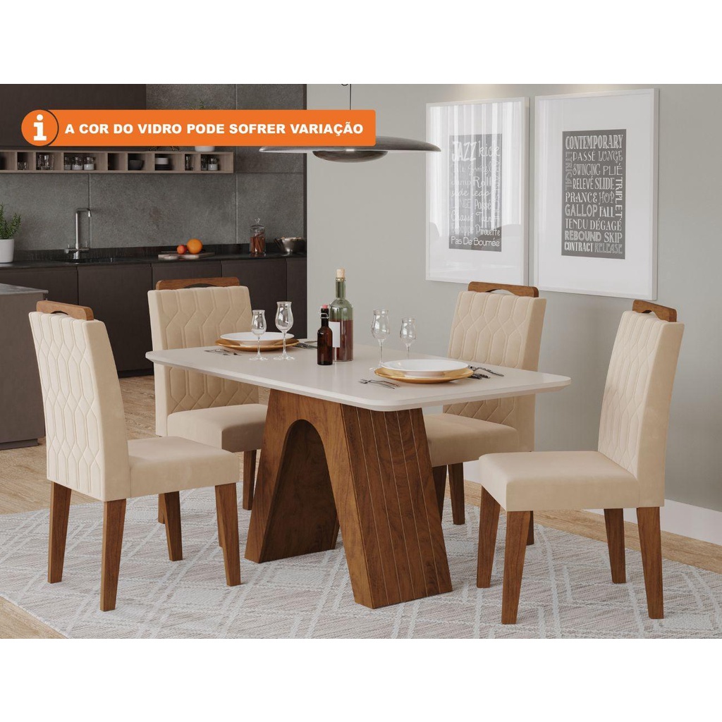 Conjunto Sala de Jantar Clara 130X80 Tampo em MDF/Vidro 4 Cadeiras Paola Cimol Savana/Off White ...