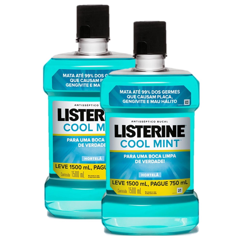 Kit com 2 Antissépticos Bucal Listerine Cool Mint Leve 1,5L e Pague ...