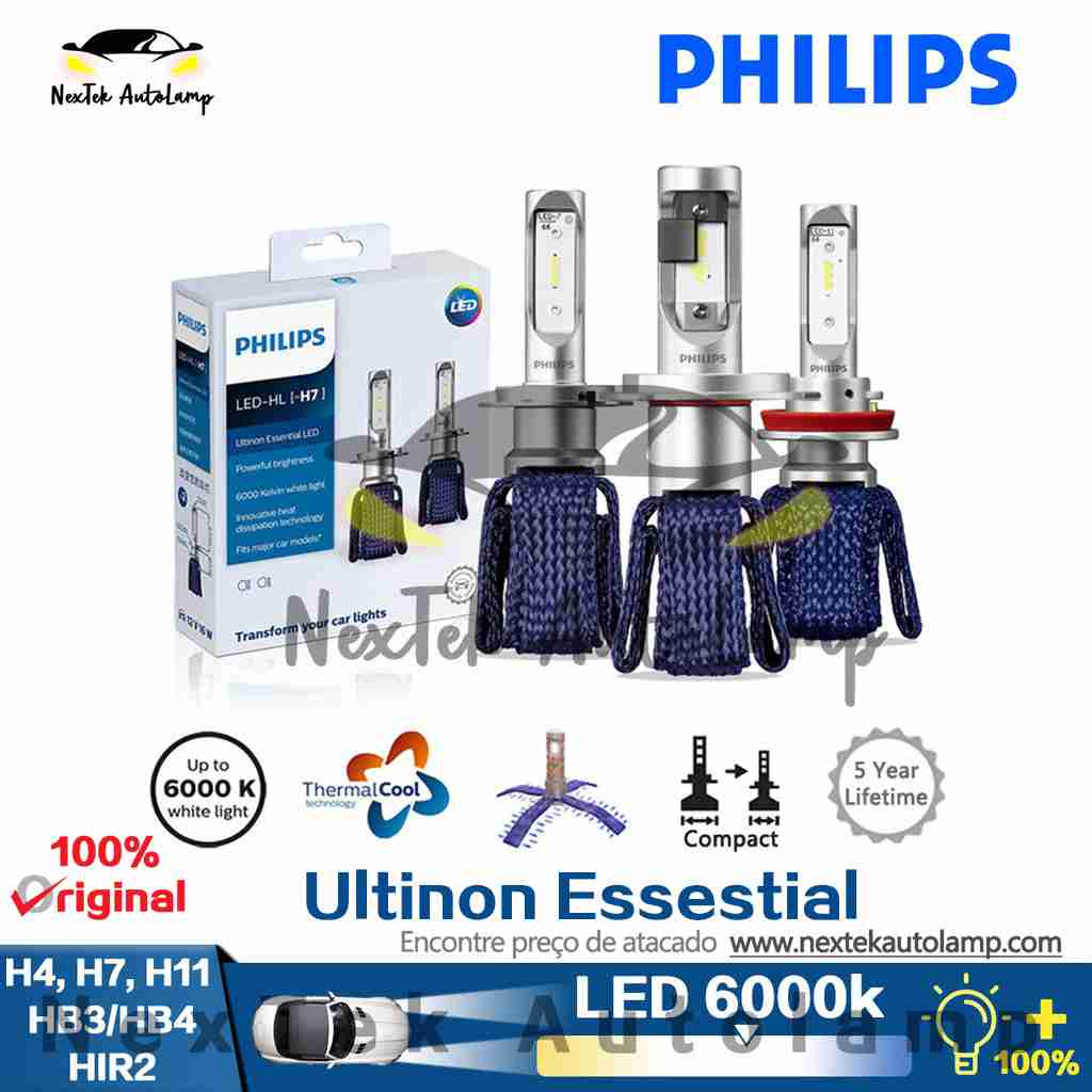 Philips Ultinon Essential LED H4 H7 H8 H11 H16 HB3 HB4 HIR2 Farol Branco Cor 6000K 12V 1450lm ...