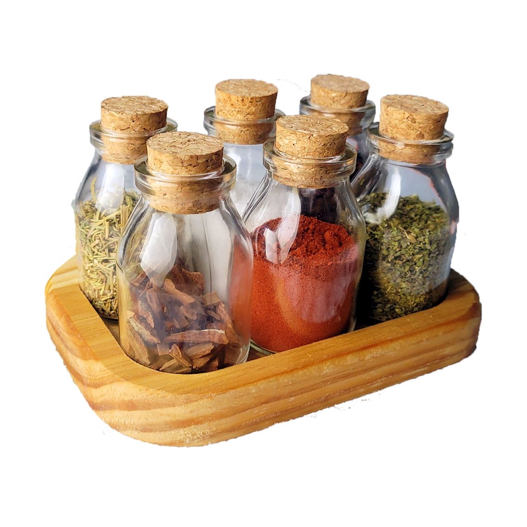 Porta Tempero Condimentos em Madeira com Pote De Vidro Tampa Rolha 6 ...