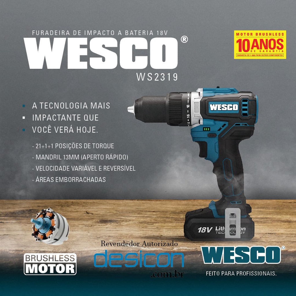 Parafusadeira Furadeira 18v Impacto Brushless WS2319k2 Wesco | Shopee ...