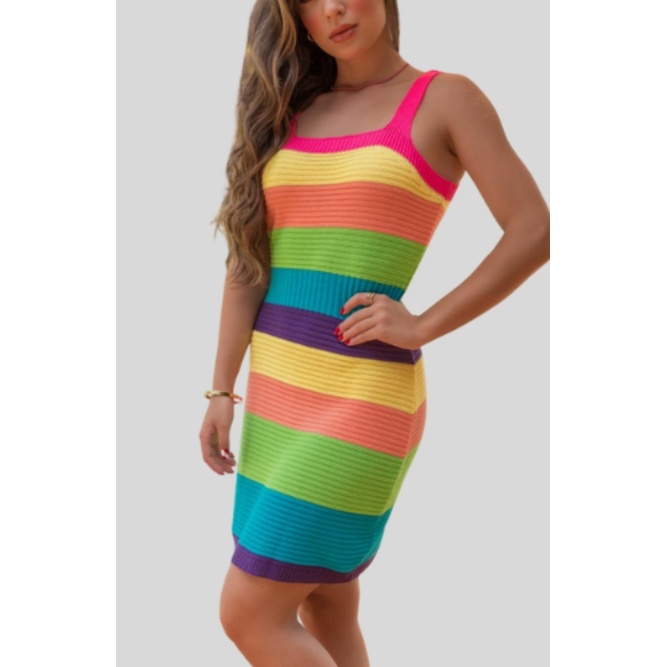 Vestido De Tricot Curto Feminino Multicor Listrado Brenda | Shopee Brasil