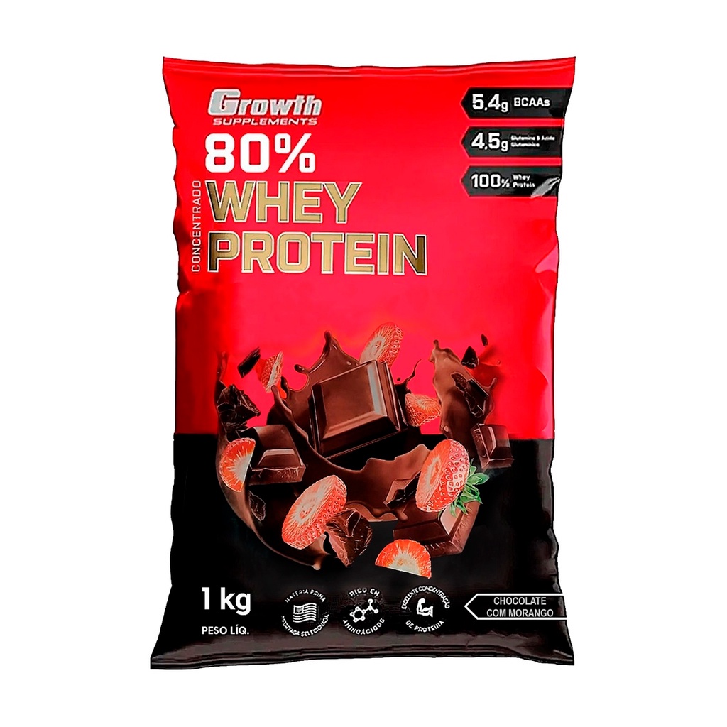 Whey Protein Growth Chocolate Com Morango 80% Proteína Concentrado 1Kg ...
