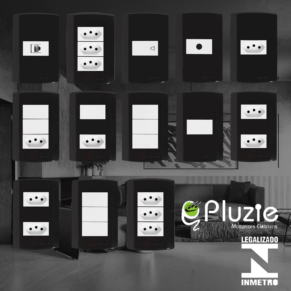 Tomadas 10a 20a Interruptores Pluzie Preto Black Apagador Paralelo/Simples 4x2 Monte seu kit ...